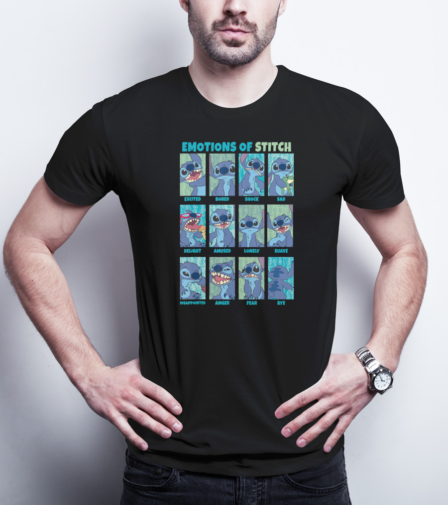 Disney Lilo And Stitch Excited Bored Shock Sad Delight Amused Lonely Suave Disappointed Anger Fear Bye Emotions Of Stitch T-Shirt