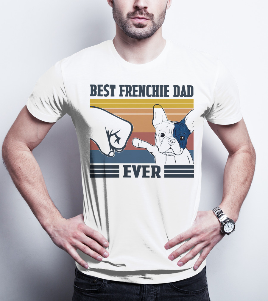 Best Frenchie Dad Ever Fist Bump Retro Stripes Dog Punch Paw Puppy T-Shirt