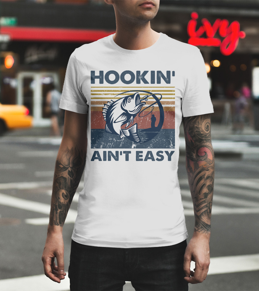 Hookin' Ain't Easy Vintage Fishing Graphic With Striped Sunset And Angler T-Shirt