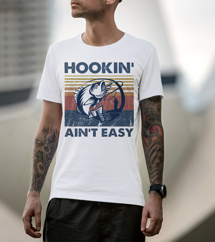 Hookin' Ain't Easy Vintage Fishing Graphic With Striped Sunset And Angler T-Shirt