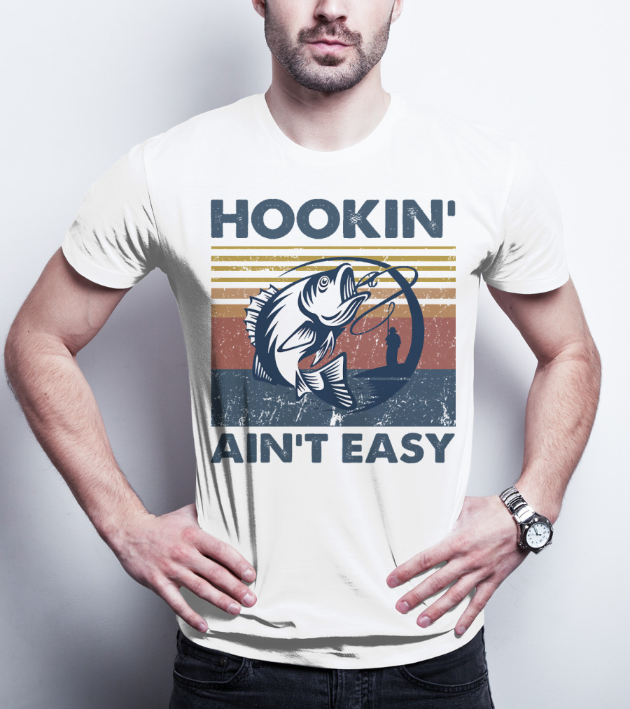 Hookin' Ain't Easy Vintage Fishing Graphic With Striped Sunset And Angler T-Shirt