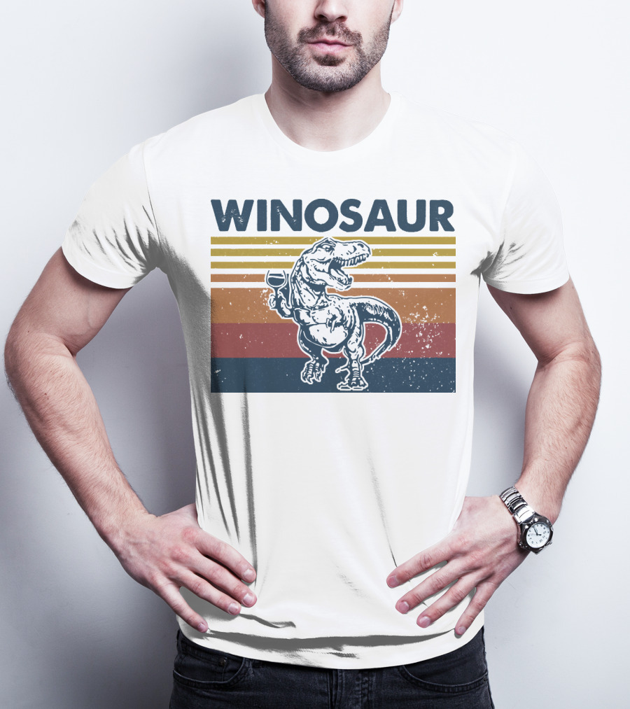 Winosaur Dinosaur With Wine Glass Retro Stripes T-Shirt