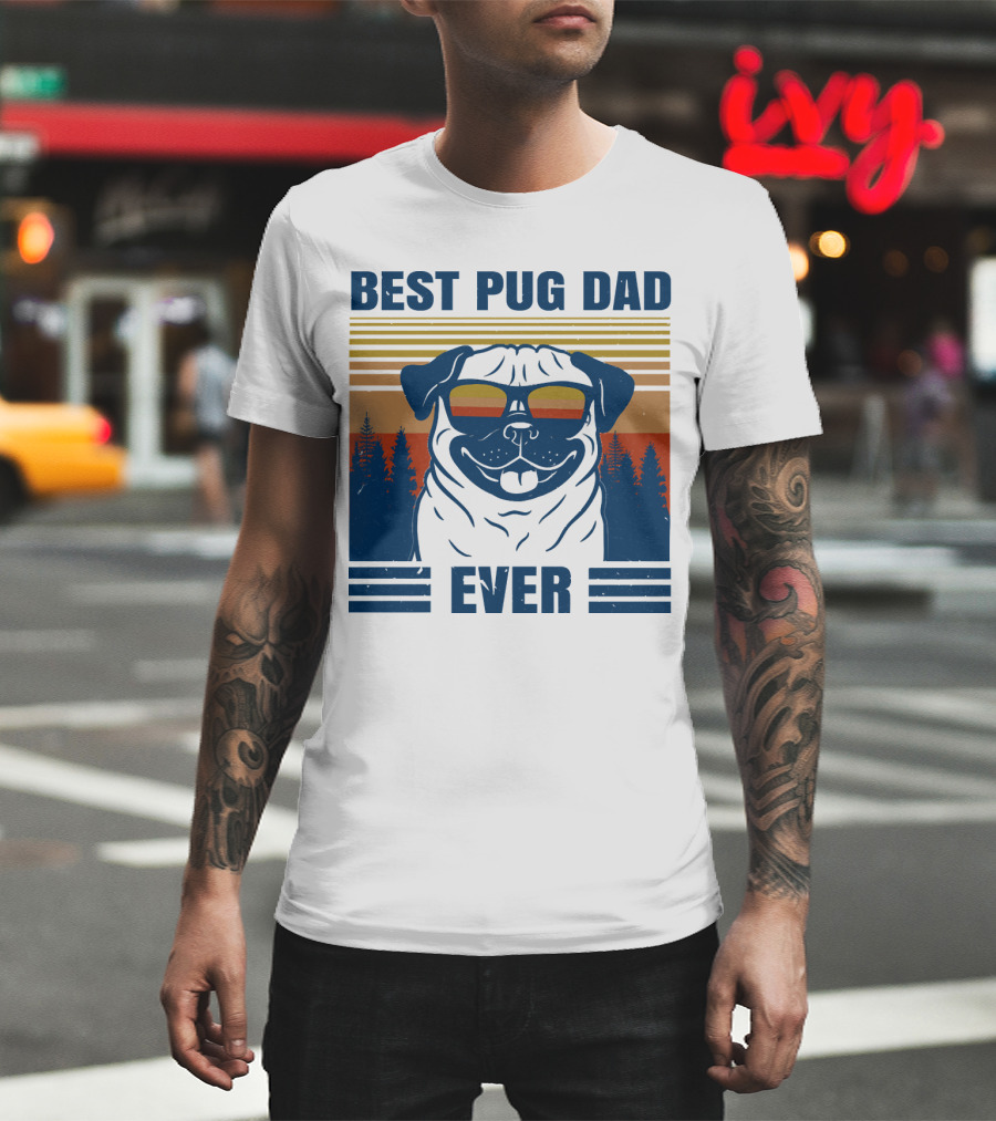 Best Pug Dad Ever Vintage Sunset Forest Retro T-Shirt