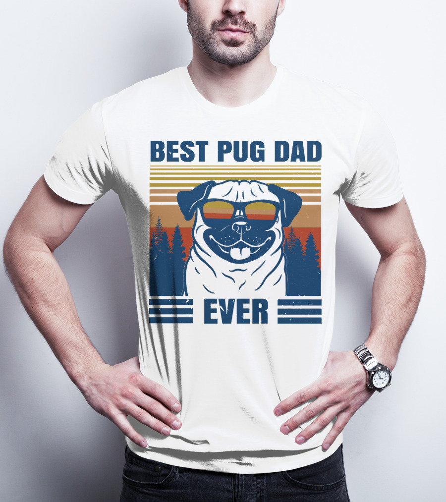 Best Pug Dad Ever Vintage Sunset Forest Retro T-Shirt