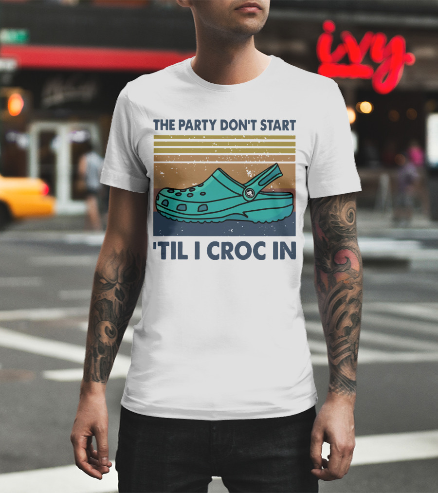 The Party Don't Start 'Til I Croc In Retro Stripes Crocs T-Shirt