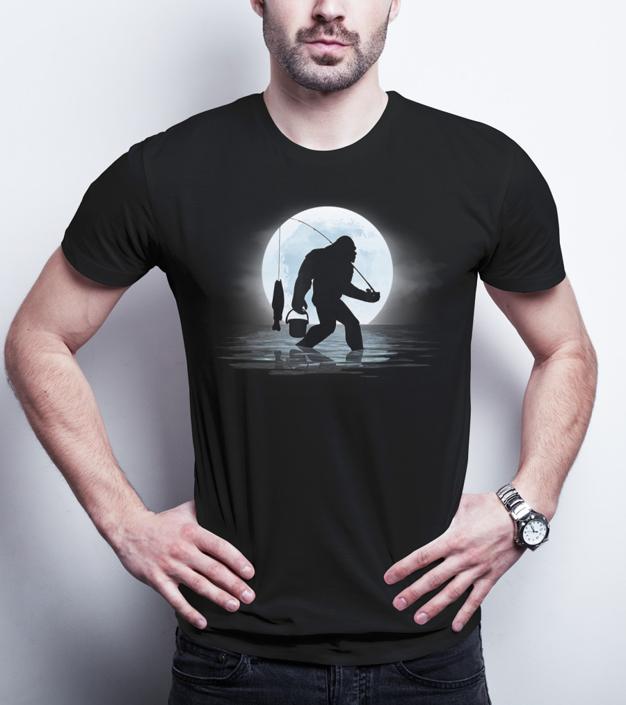 Moonlit Bigfoot Sasquatch Fishing Adventure Night T-Shirt