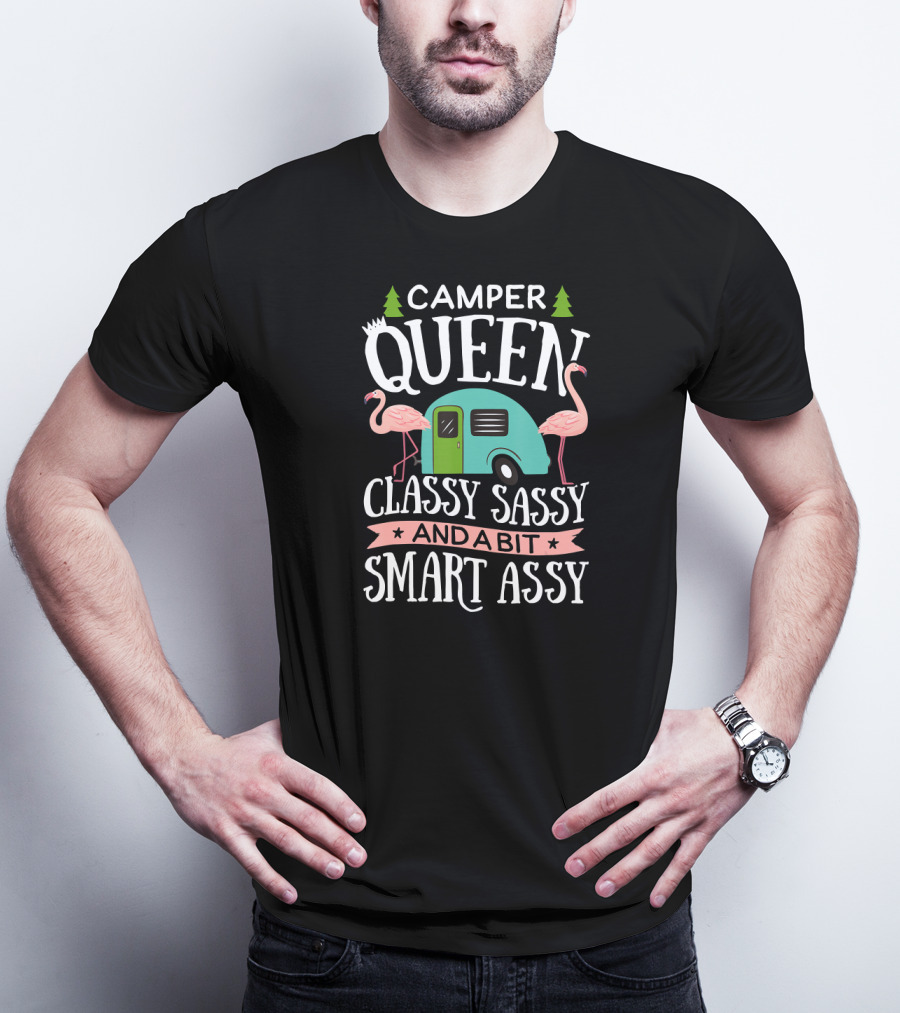 CAMPER QUEEN CLASSY SASSY SMART ASSY Flamingos Trees Retro Trailer T-Shirt