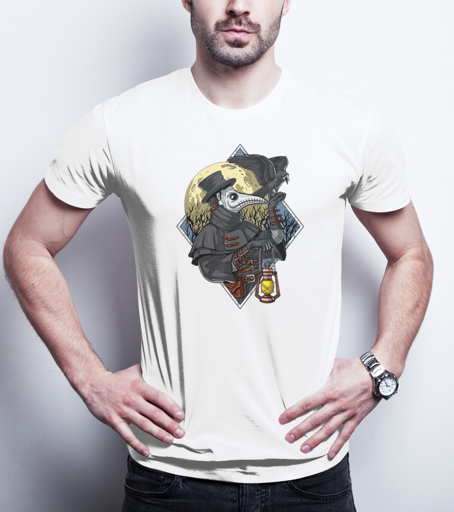 Plague Doctor Steampunk Raven Medieval Lantern Moonlit Forest T-Shirt