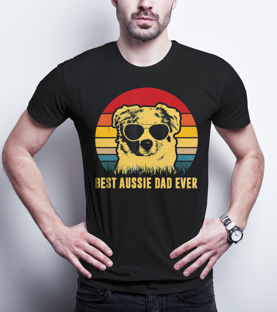 Best Aussie Dad Ever Vintage Dog Sunglasses Retro Stripes T-Shirt