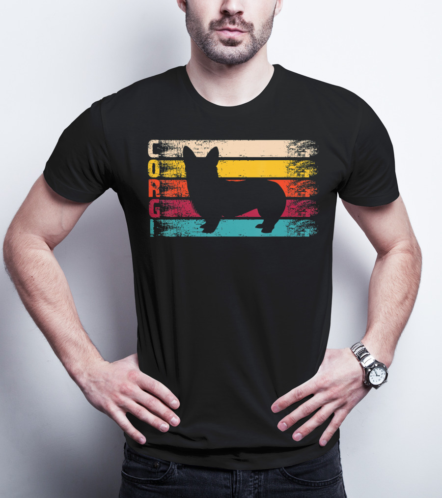 Distressed Vintage Corgi Silhouette Retro Stripes T-Shirt