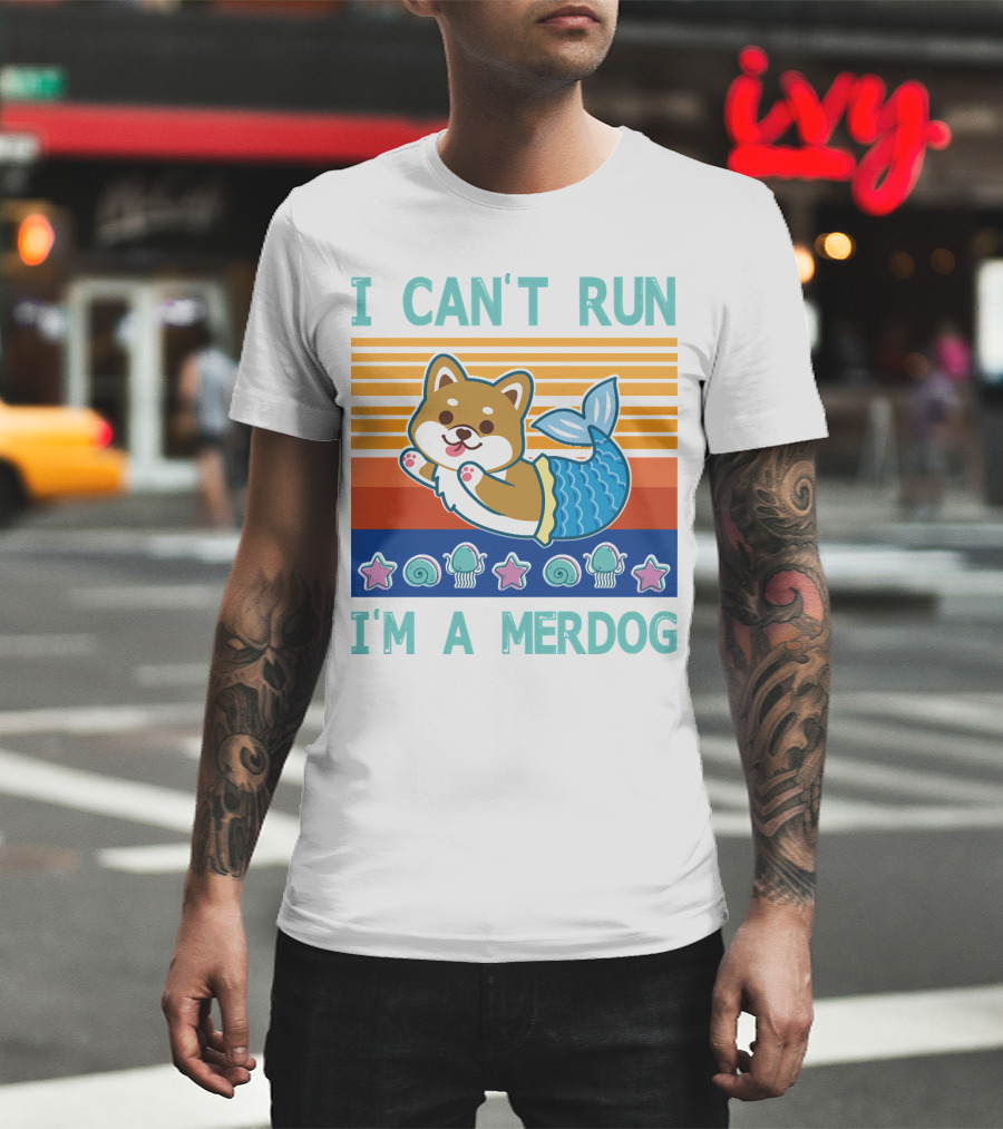 Mermaid Corgi I Can't Run I'm A Merdog With Starfish And Seashells T-Shirt