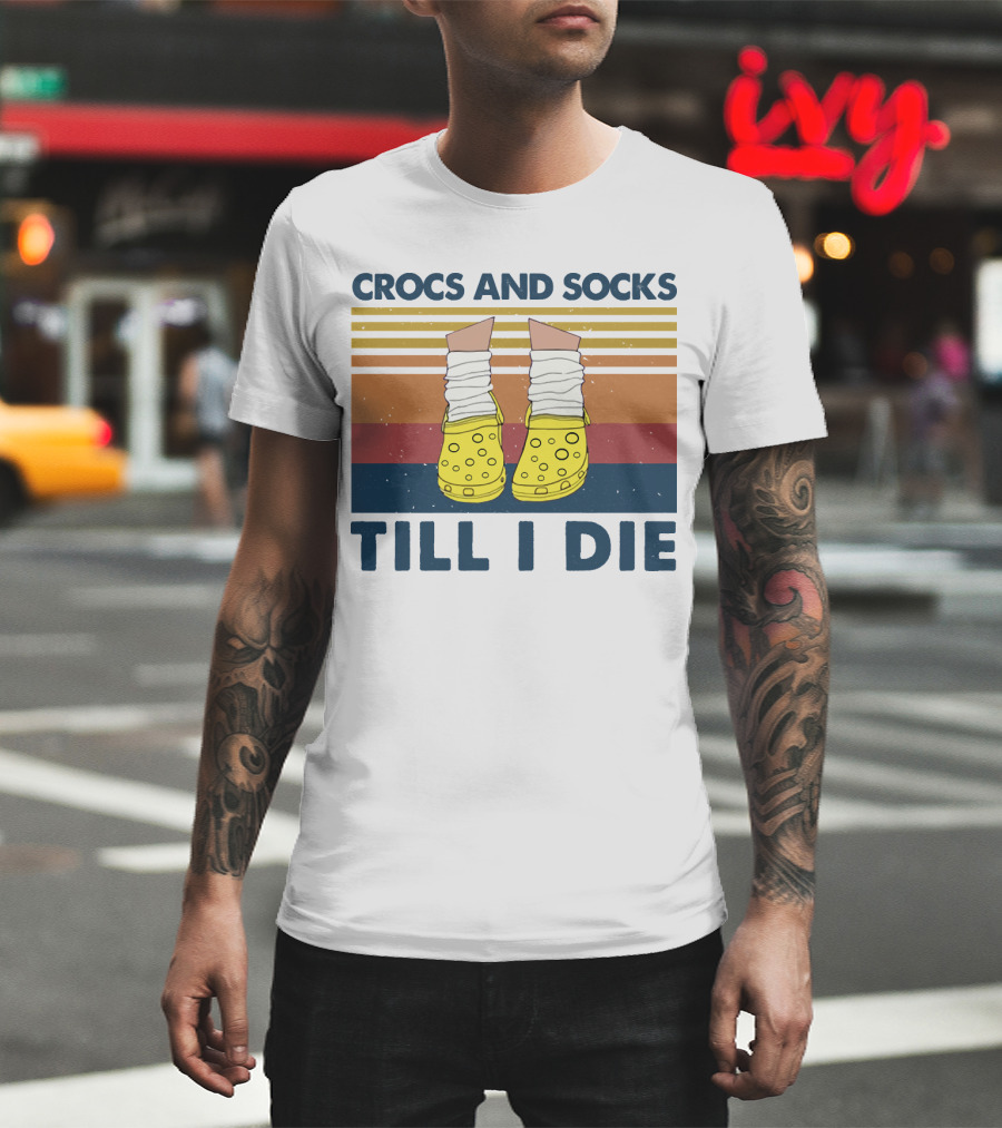 Crocs And Socks Till I Die Yellow Footwear Retro Stripes T-Shirt