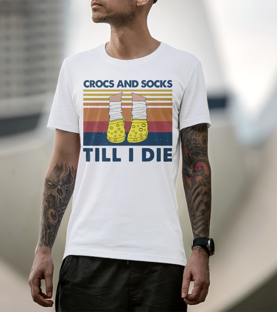 Crocs And Socks Till I Die Yellow Footwear Retro Stripes T-Shirt
