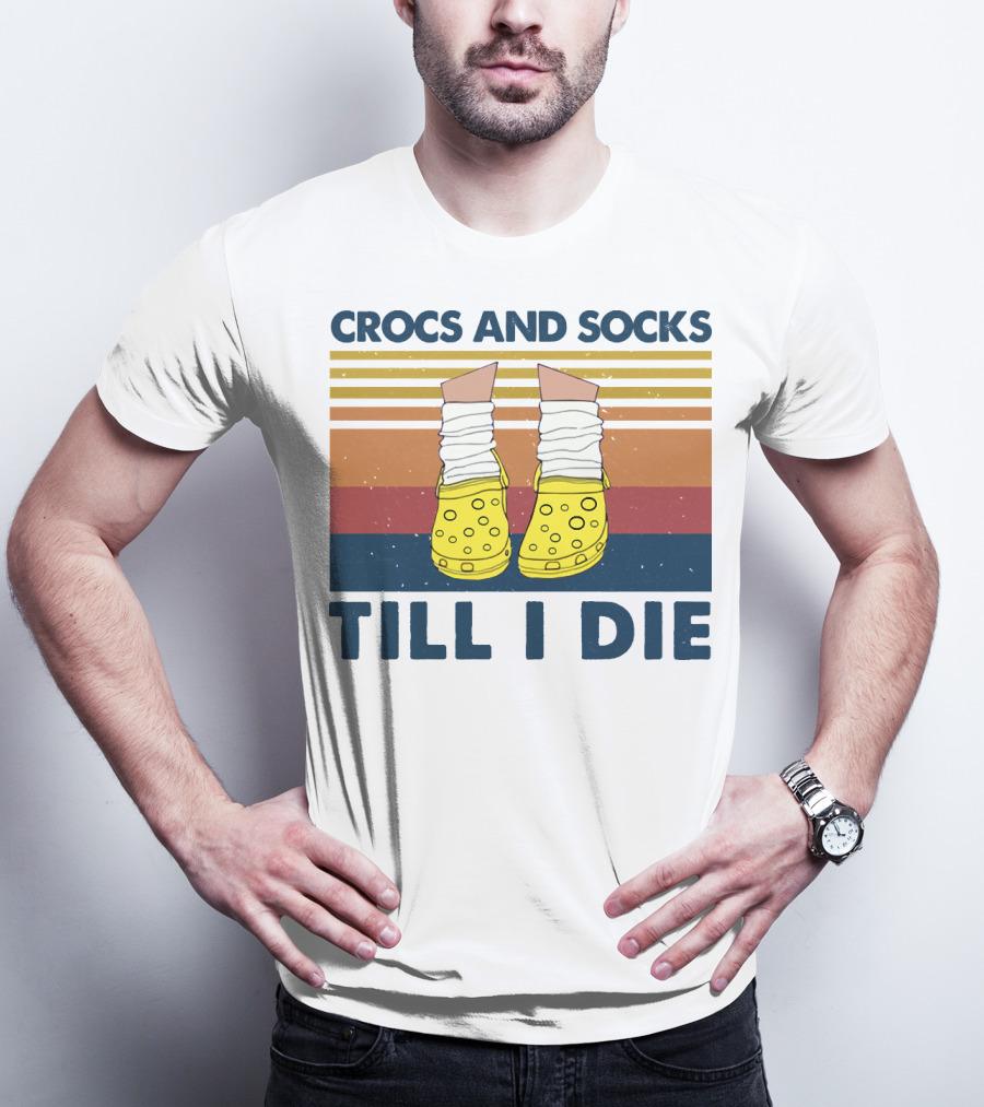 Crocs And Socks Till I Die Yellow Footwear Retro Stripes T-Shirt