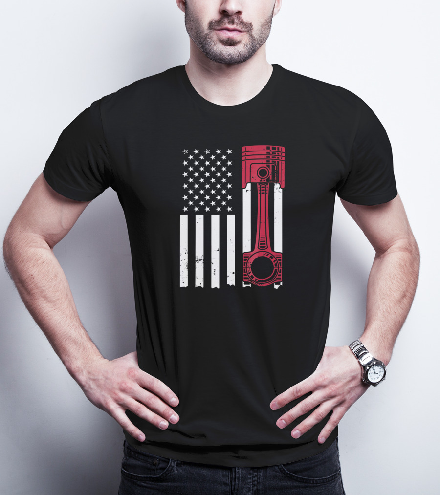 American Flag Piston Car Enthusiast Muscle T-Shirt