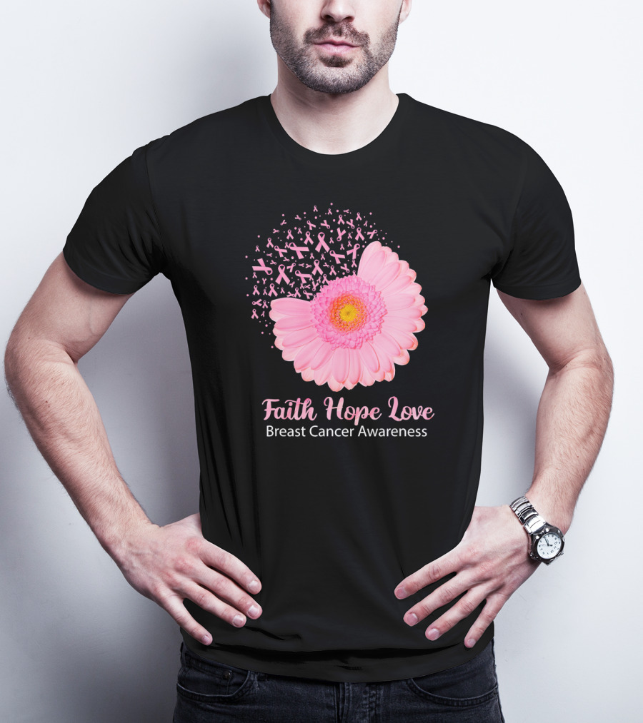 Faith Hope Love Pink Ribbon Florals Breast Cancer Awareness T-Shirt