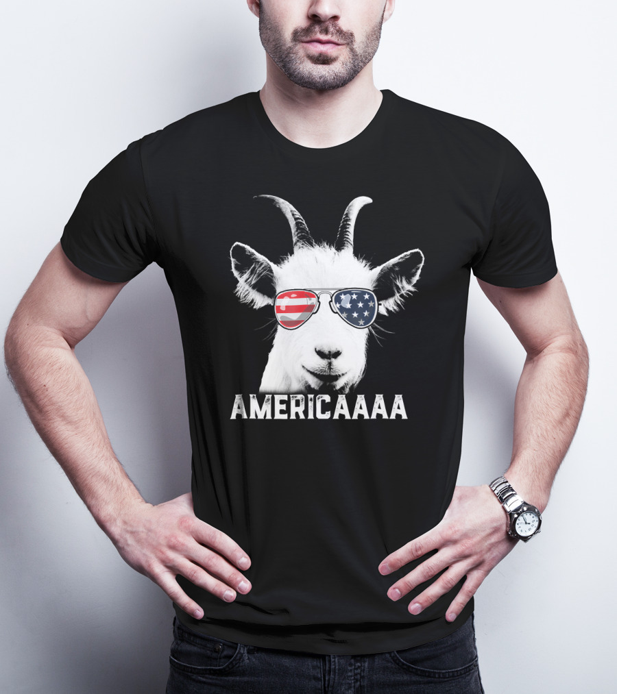 AMERICAAAA Patriotic Goat USA Flag Sunglasses Independence Day T-Shirt