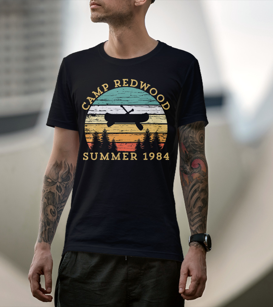 Camp Redwood Summer 1984 Retro Vintage Canoe And Trees T-Shirt
