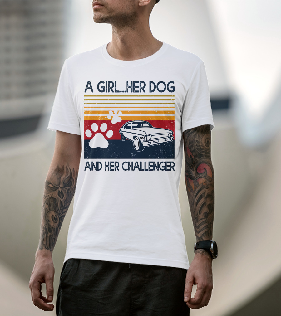 A Girl Her Dog And Her Challenger Vintage Car With Paw Prints T-Shirt
