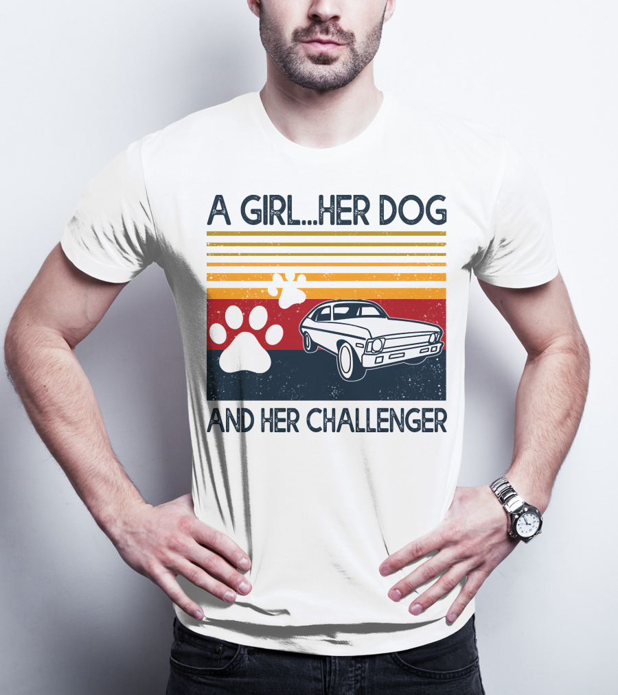 A Girl Her Dog And Her Challenger Vintage Car With Paw Prints T-Shirt