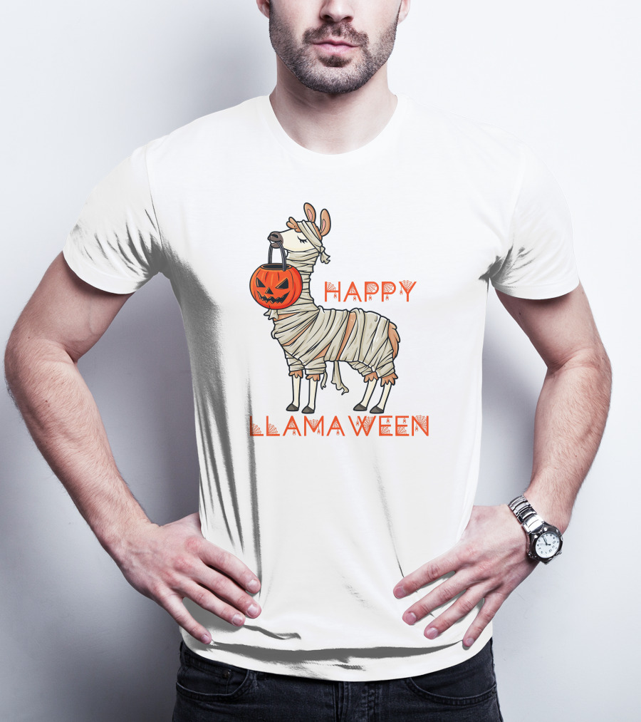 Happy Llamaween Halloween Llama Holding Pumpkin T-Shirt