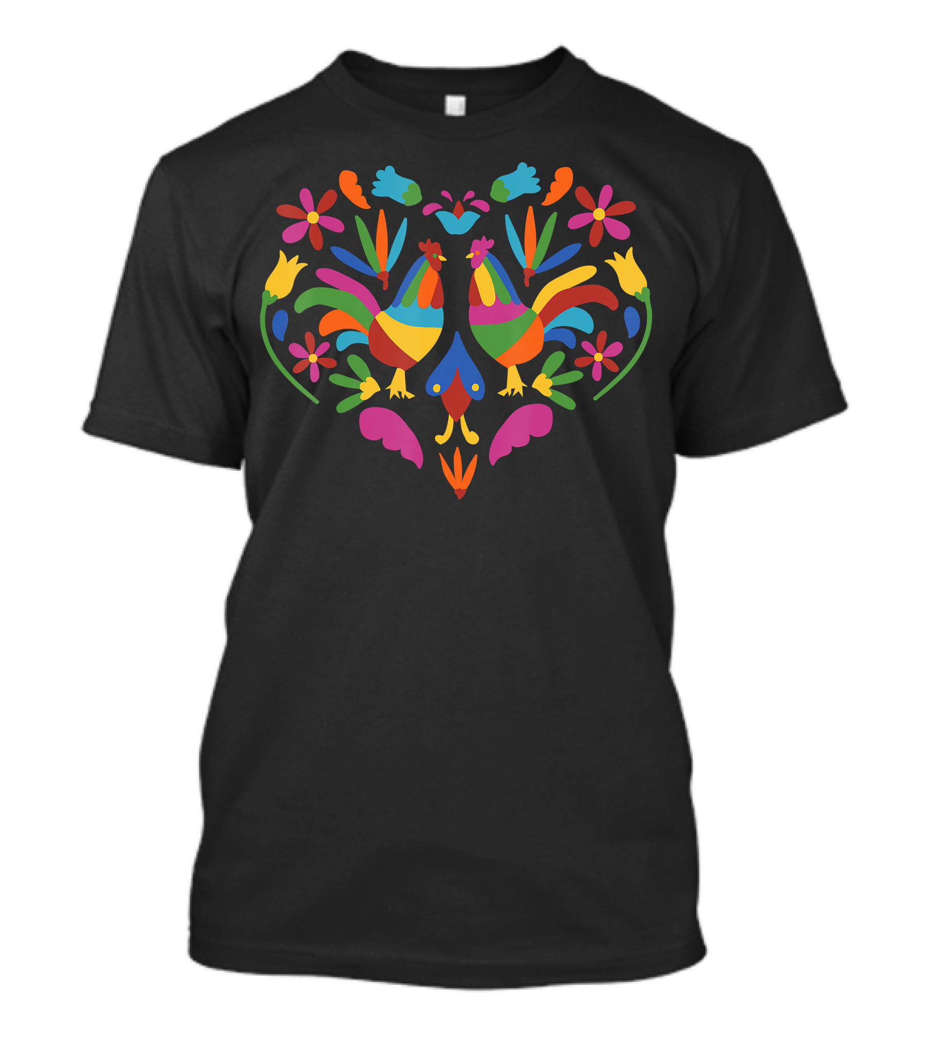 Colorful Mexican Otomi Rooster Flowers And Vibrant Flora T-Shirt
