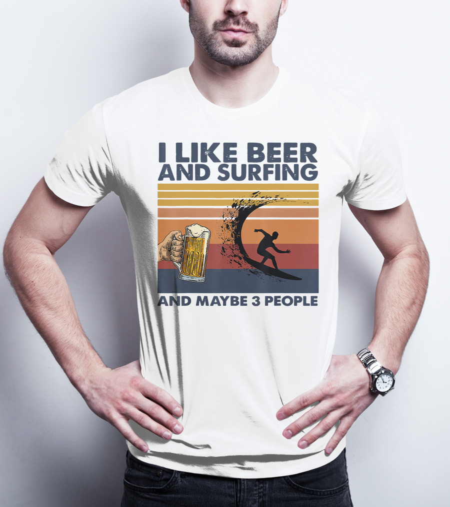 I Like Beer And Surfing And Maybe 3 People Retro Surfboard Wave Beer Glass T-Shirt