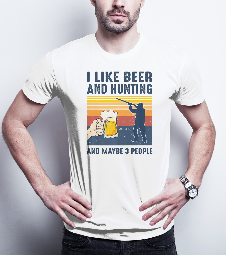 I Like Beer And Hunting Maybe 3 People Sunrise Silhouette Retro T-Shirt