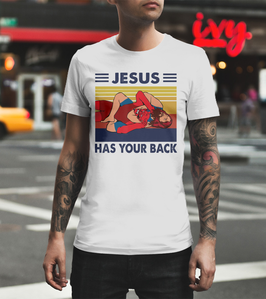Jesus Wrestling JSatan Retro Style Has Your Back T-Shirt