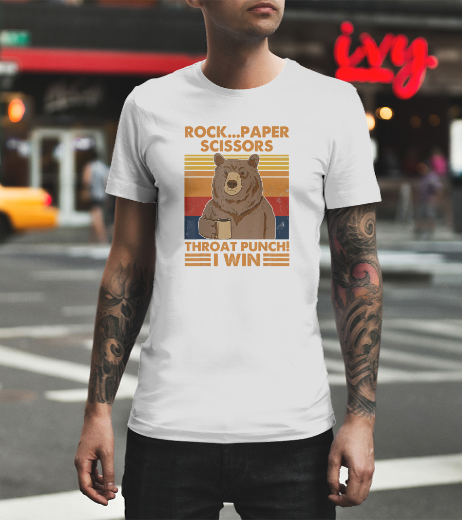 Rock Paper Scissors Throat Punch I Win Funny Bear Retro Style With Coffee Mug T-Shirt