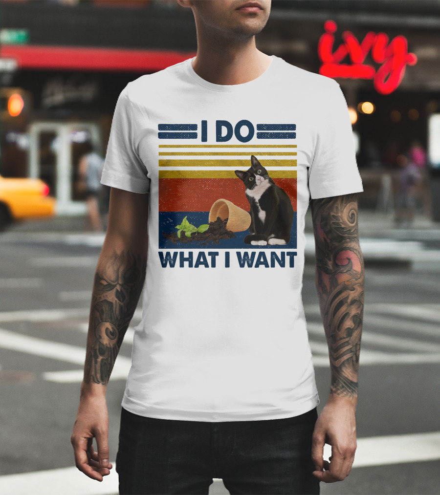 Tuxedo Kitty I Do What I Want Retro Stripes Plant Cup Soil T-Shirt