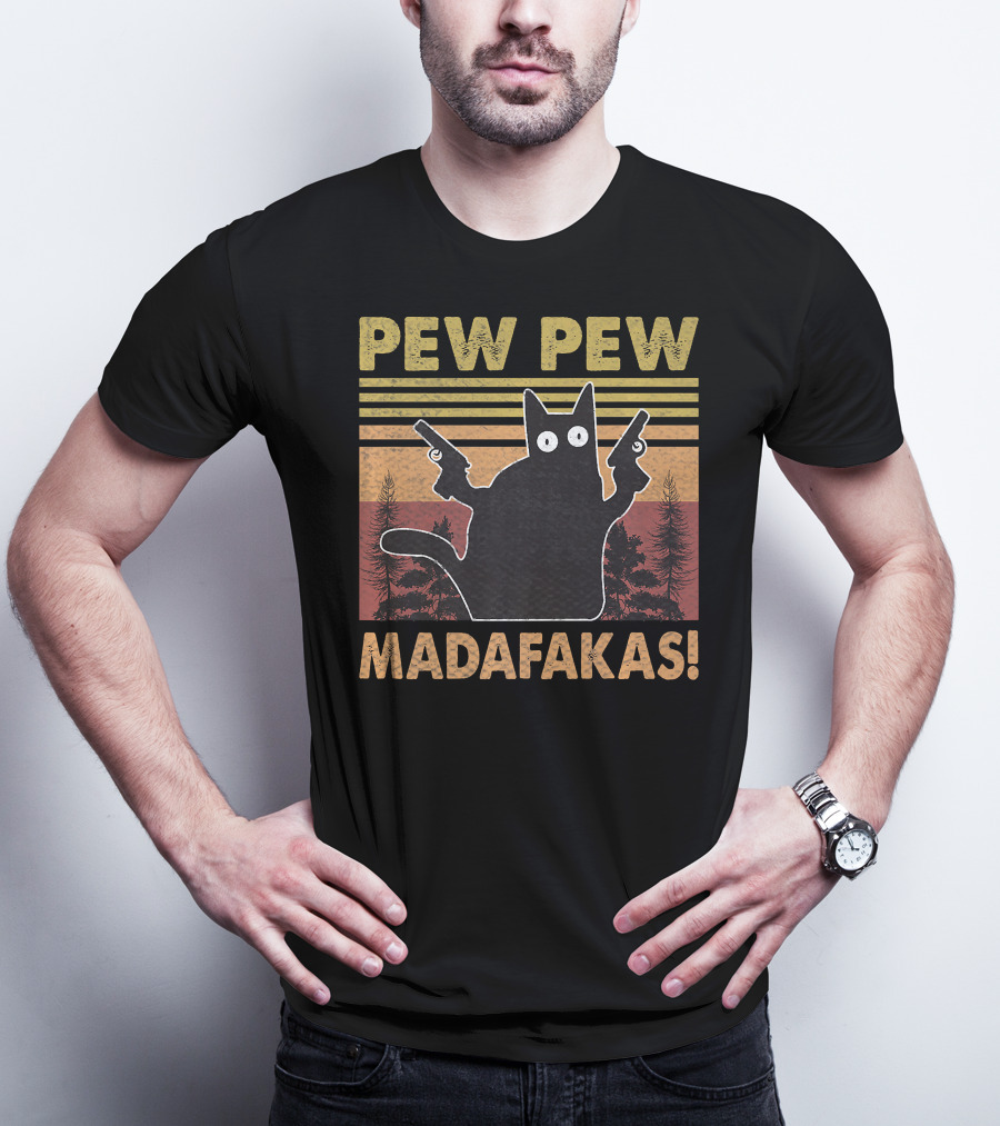 Pew Pew Madafakas Cat Vintage Retro Sunset Forest T-Shirt