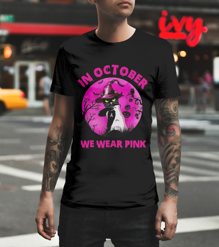 In October We Wear Pink Black Cat Witch Hat Pumpkin Breast Cancer Awareness T-Shirt
