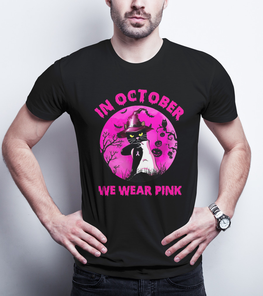In October We Wear Pink Black Cat Witch Hat Pumpkin Breast Cancer Awareness T-Shirt