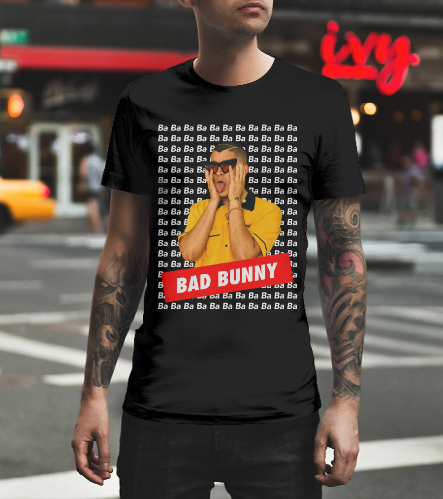 BAD BUNNY Ba Ba Ba Pattern Yellow Shirt Sunglasses T-Shirt