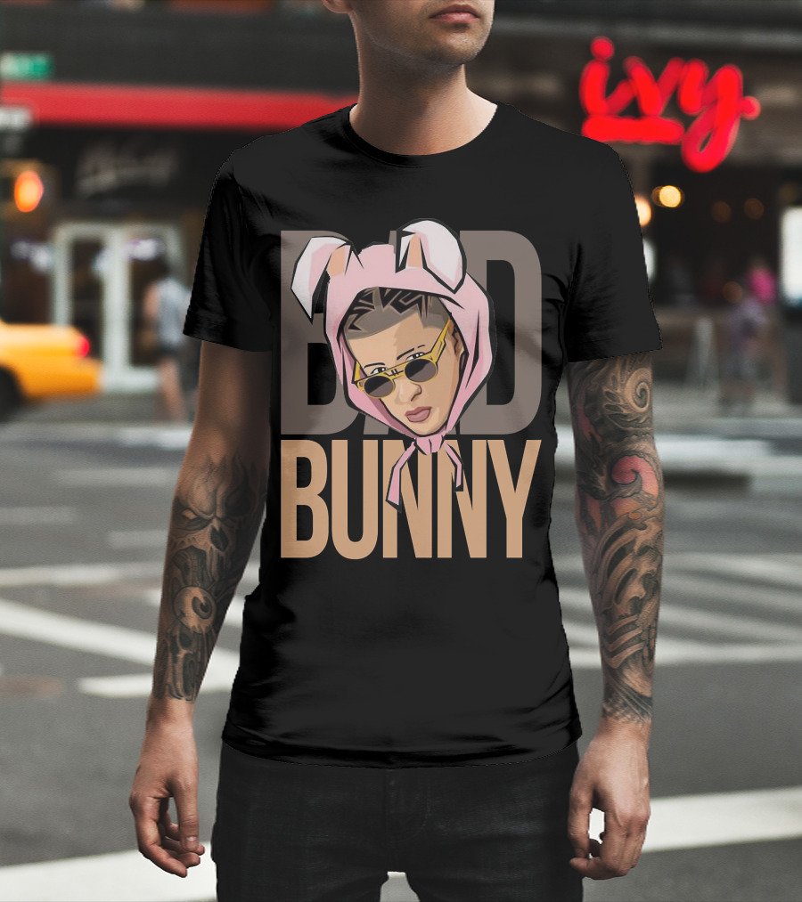 BAD BUNNY Iconic Style With Sunglasses And Bunny Ears T-Shirt