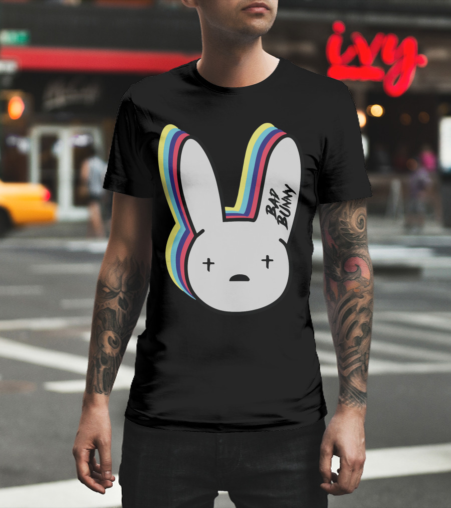 Bad Bunny Cross-Eyed Bunny Head Multicolor Outline T-Shirt