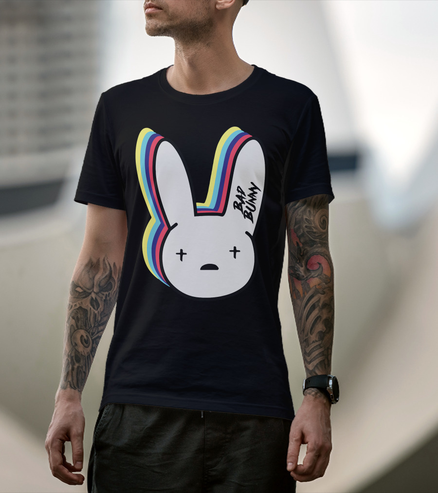 Bad Bunny Cross-Eyed Bunny Head Multicolor Outline T-Shirt