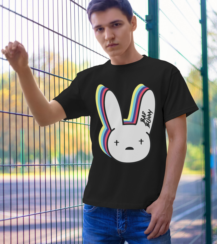 Bad Bunny Cross-Eyed Bunny Head Multicolor Outline T-Shirt