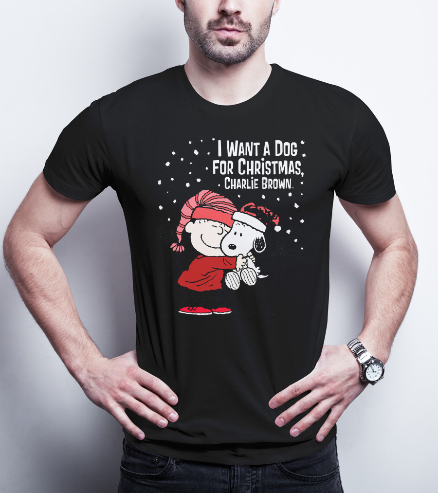 I Want A Dog For Christmas Charlie Brown Snoopy Hugging Linus Snow Scene T-Shirt