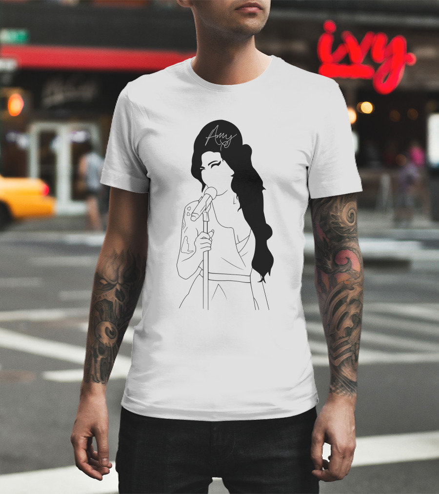 Amy Winehouse Line Art With Signature Mic Pose T-Shirt