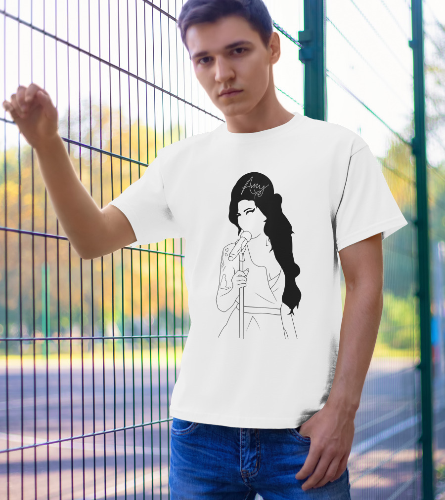 Amy Winehouse Line Art With Signature Mic Pose T-Shirt