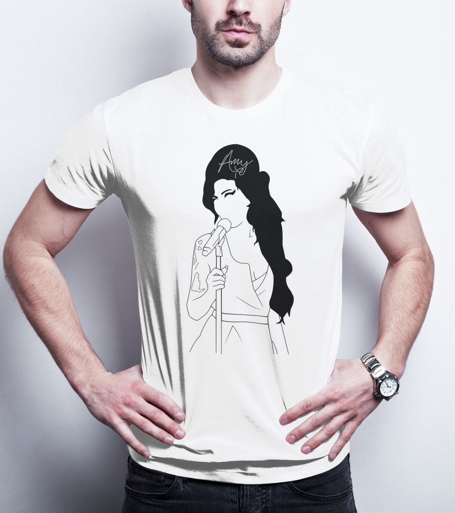Amy Winehouse Line Art With Signature Mic Pose T-Shirt