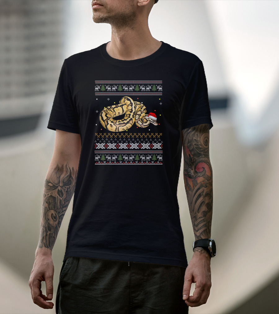 Ball Python Christmas Ugly Sweater Pattern Santa Hat T-Shirt