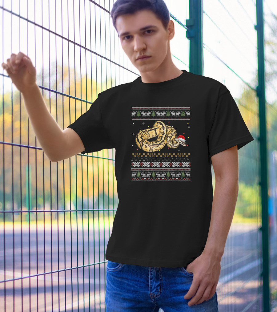 Ball Python Christmas Ugly Sweater Pattern Santa Hat T-Shirt