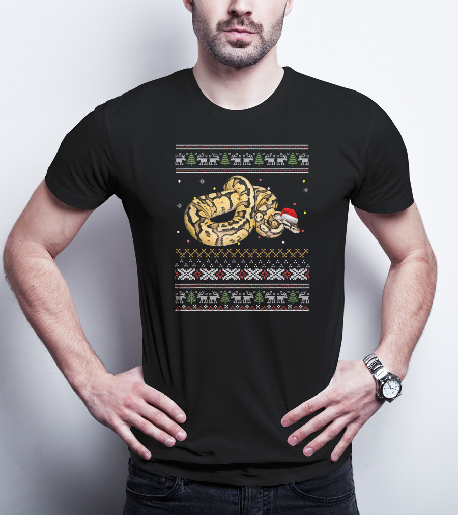 Ball Python Christmas Ugly Sweater Pattern Santa Hat T-Shirt