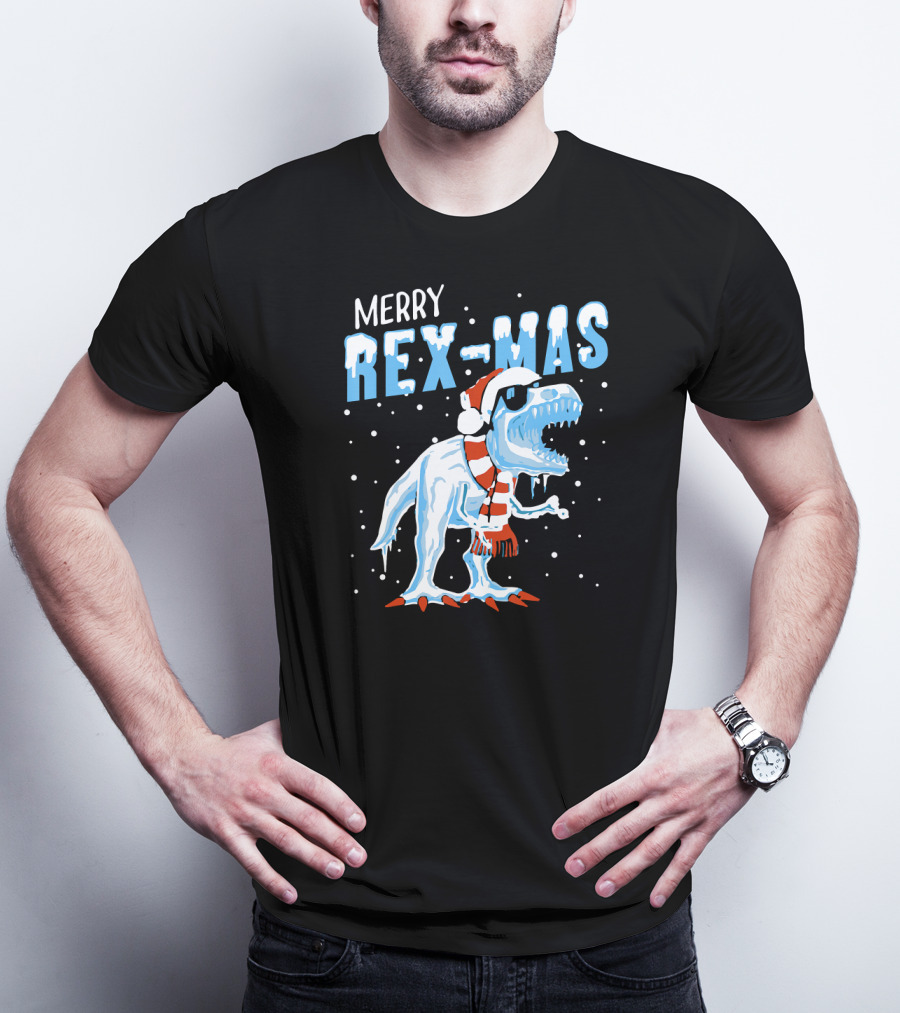 Merry Rexmas Christmas Dinosaur Wearing Santa Hat And Scarf T-Shirt