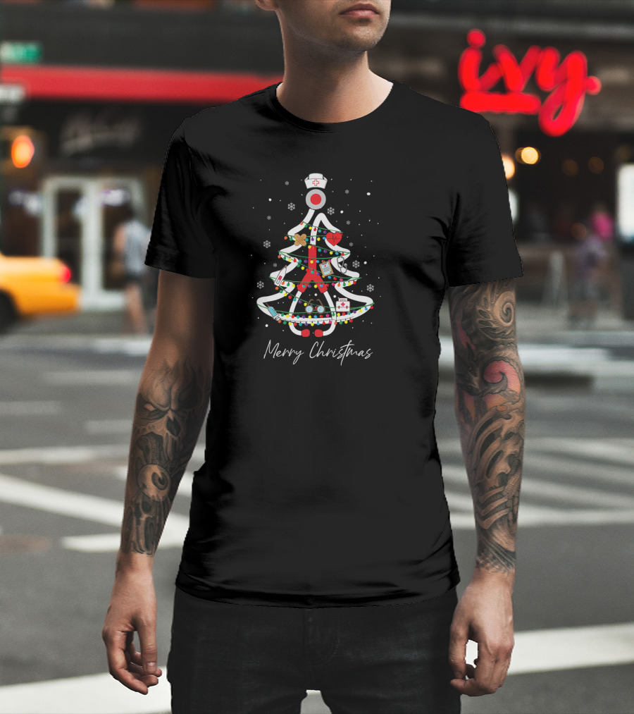Merry Christmas Nurse Holiday Tree Yuletide Practitioners T-Shirt