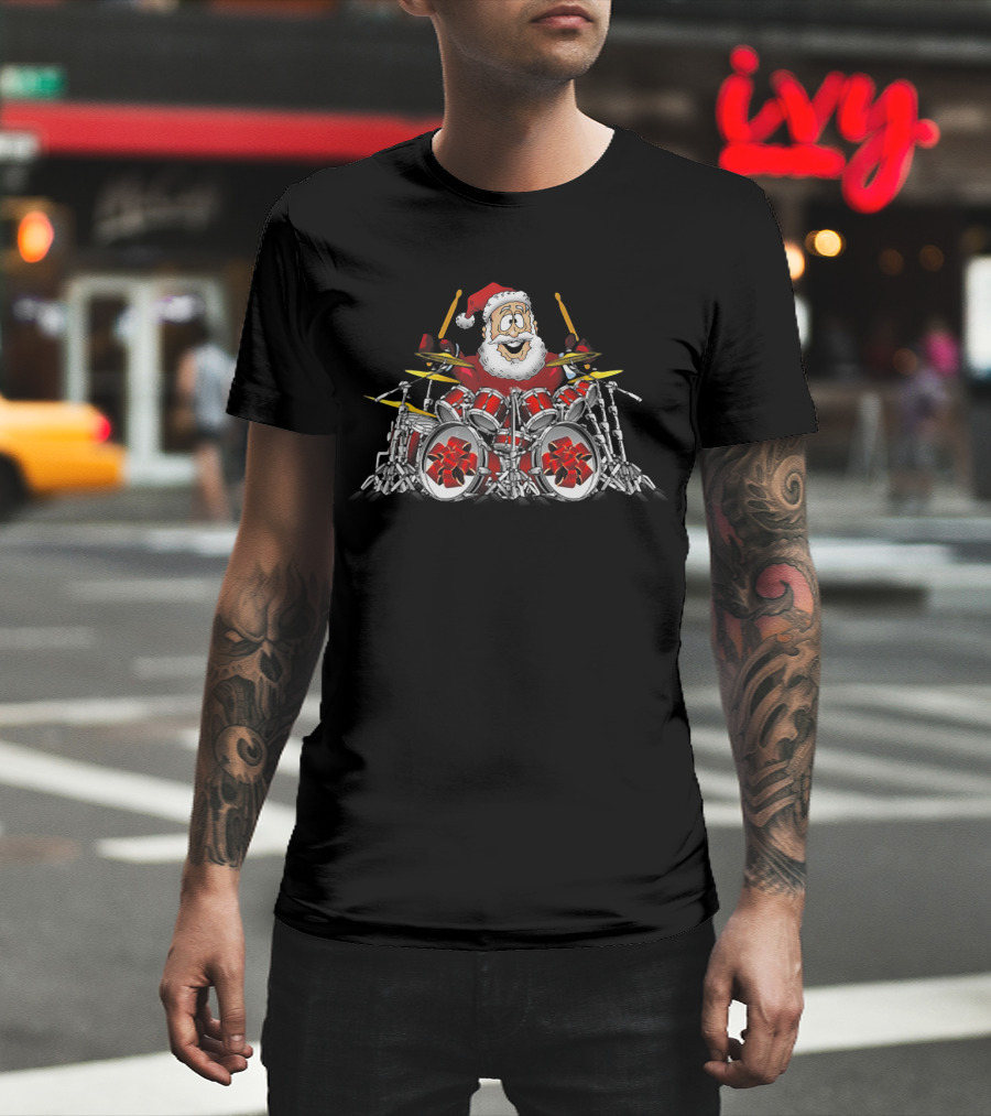 Christmas Santa Drummer Playing Red Drum Kit T-Shirt