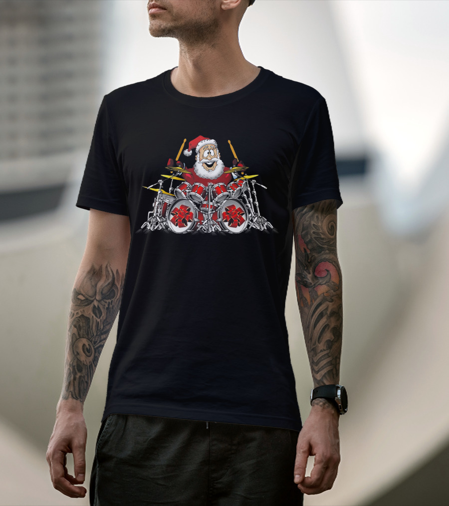 Christmas Santa Drummer Playing Red Drum Kit T-Shirt